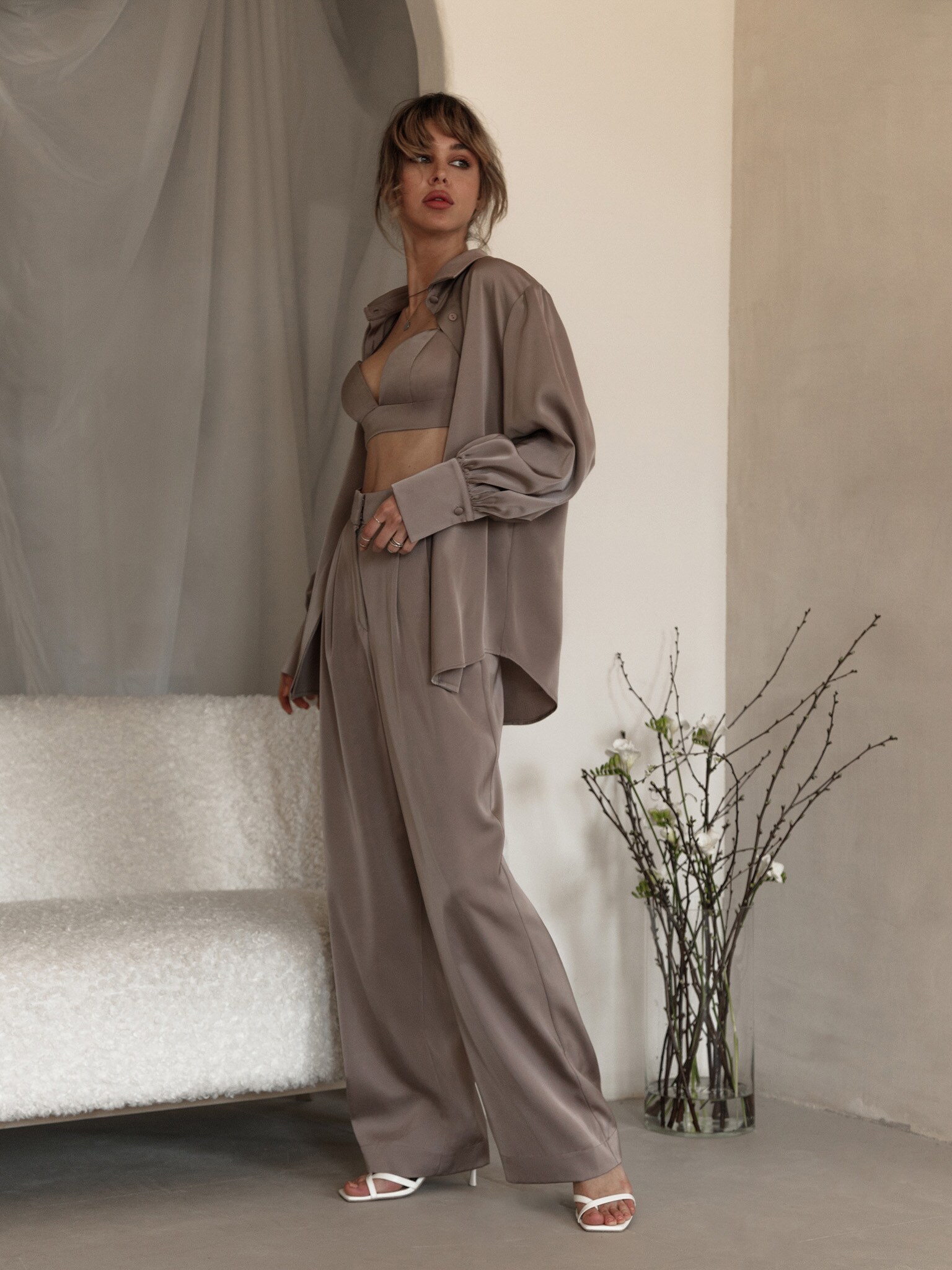 Straight-fit flowing satin blouse :: LICHI - Online fashion store