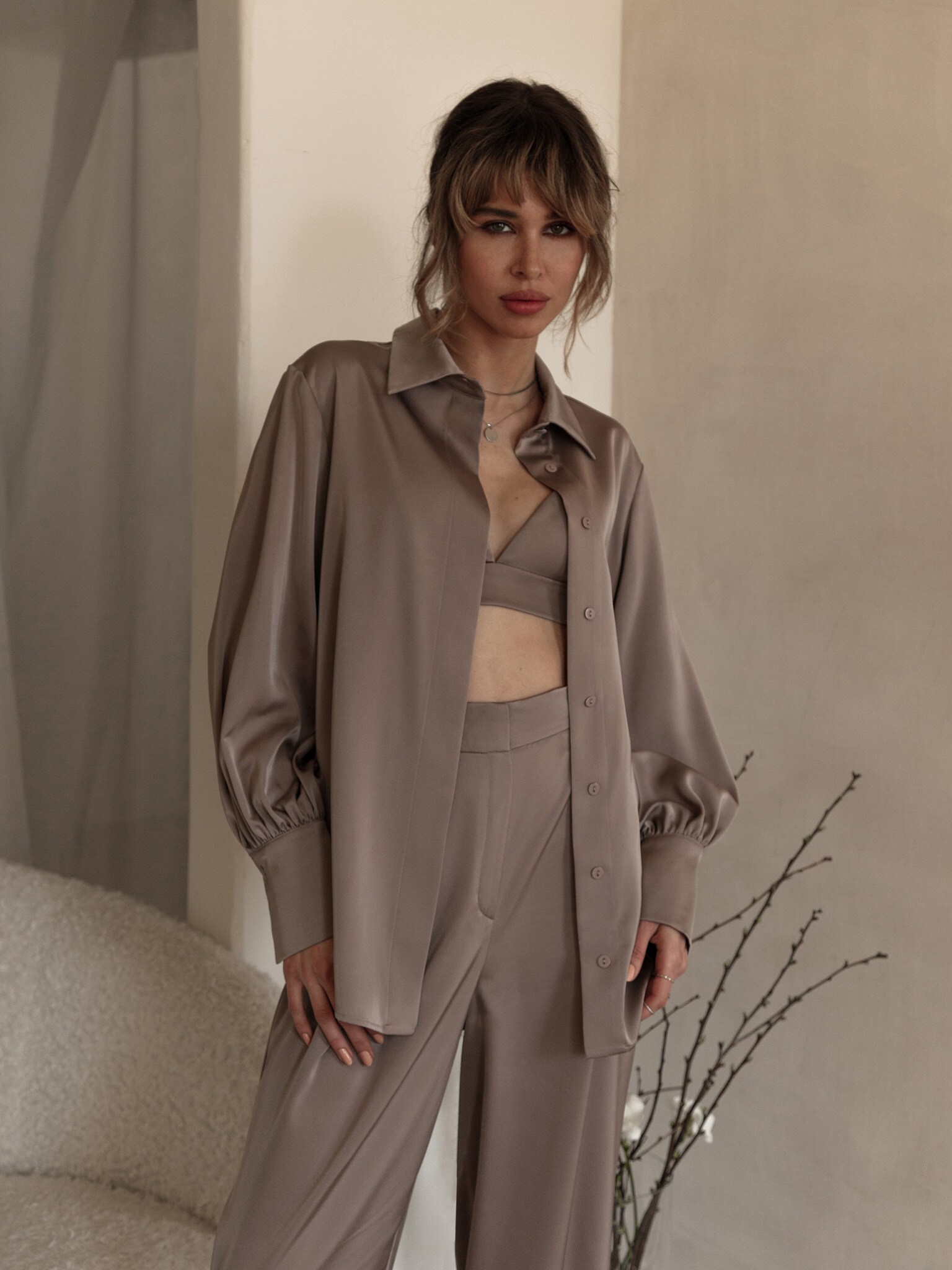 Straight-fit flowing satin blouse :: LICHI - Online fashion store