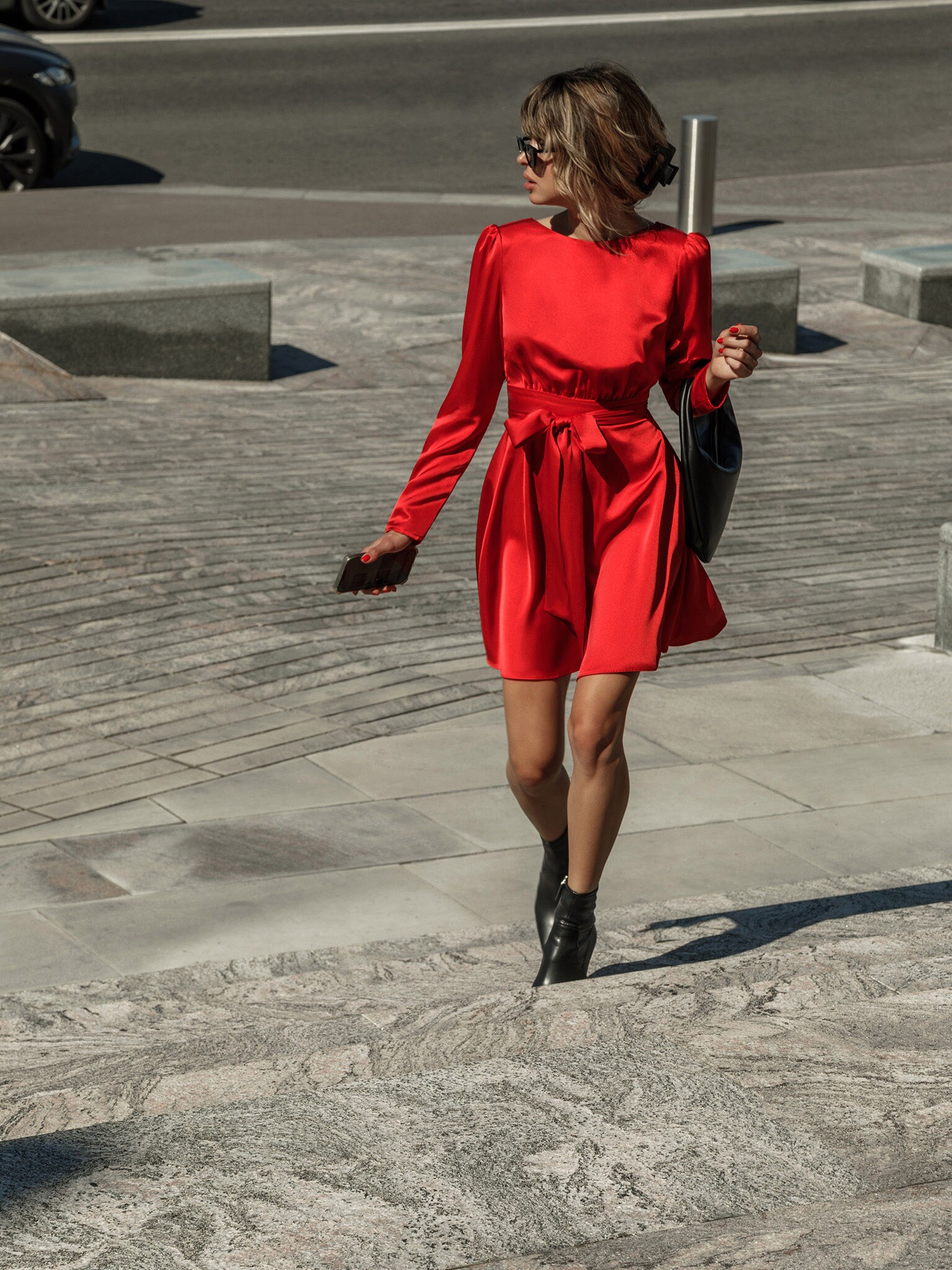 Chain-embellished open-back satin mini dress :: LICHI - Online fashion ...