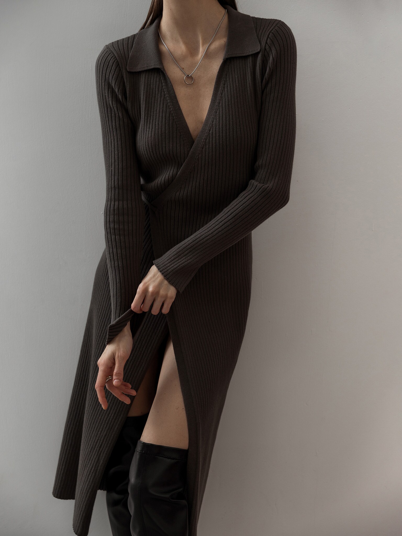 Ribbed-knit wrap midi dress :: LICHI - Online fashion store