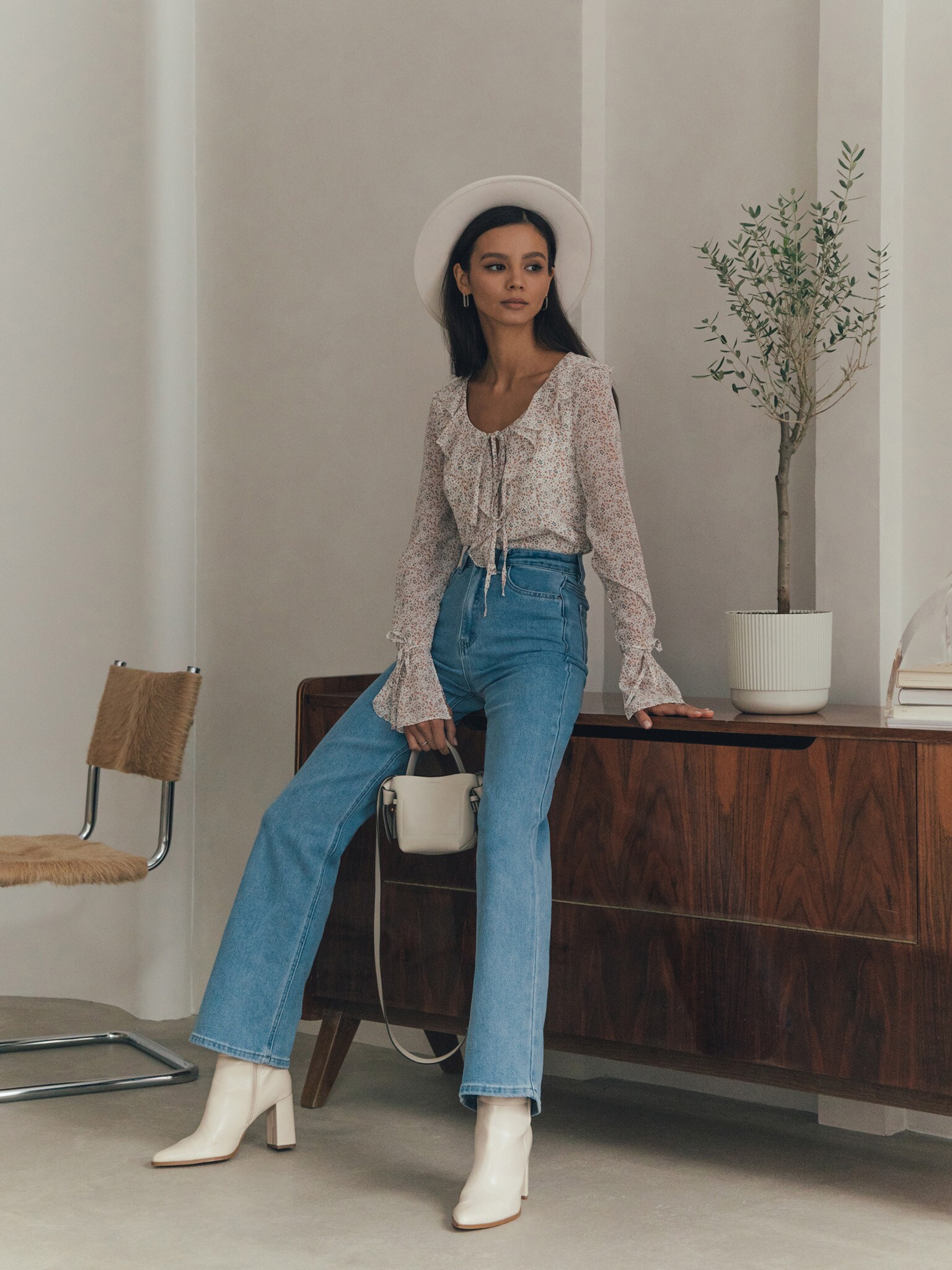 Light blouse with flounce and tie up collar :: LICHI - Online fashion store