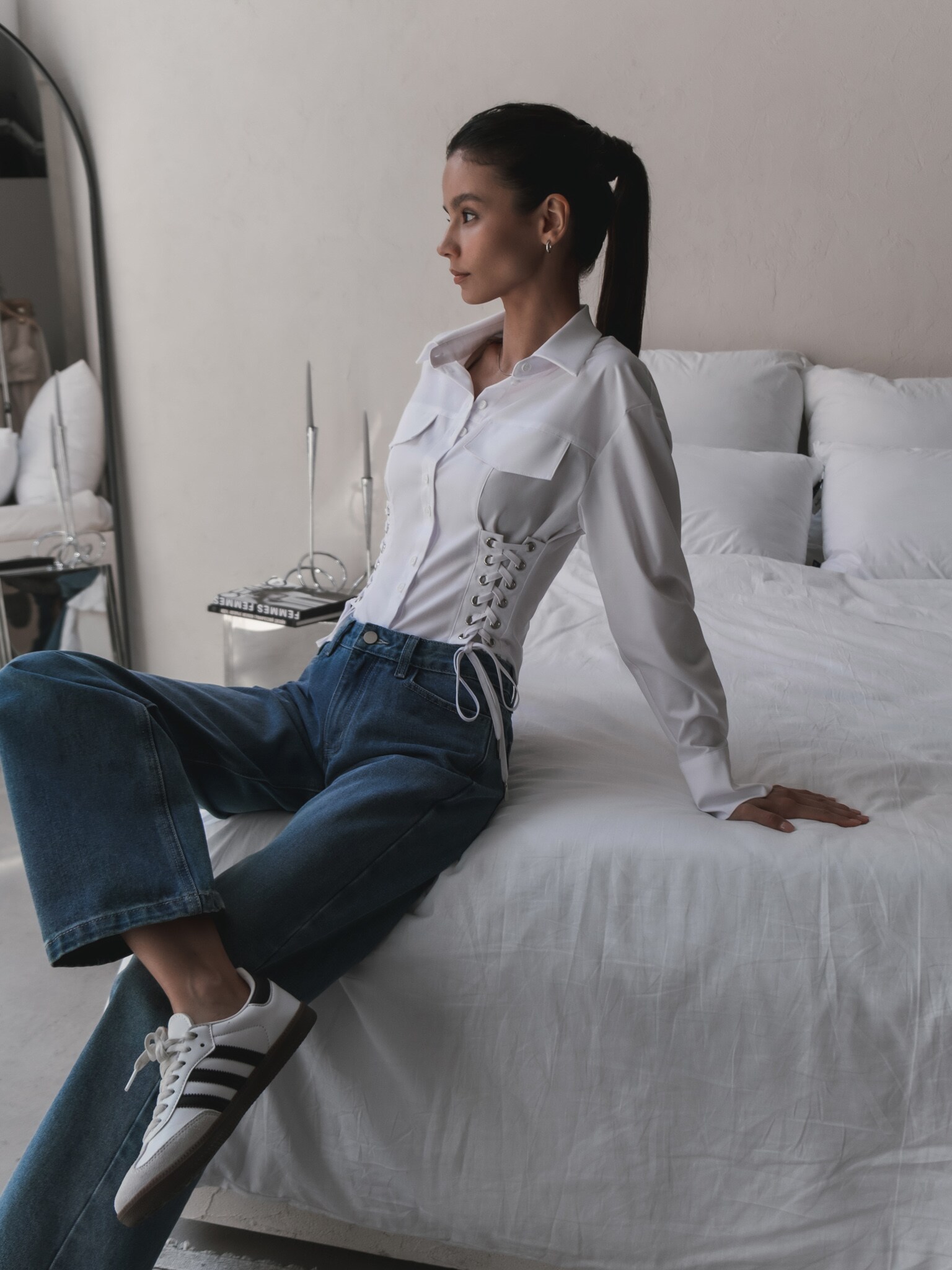 Fitted shirt with lace-up at the sides :: LICHI - Online fashion store