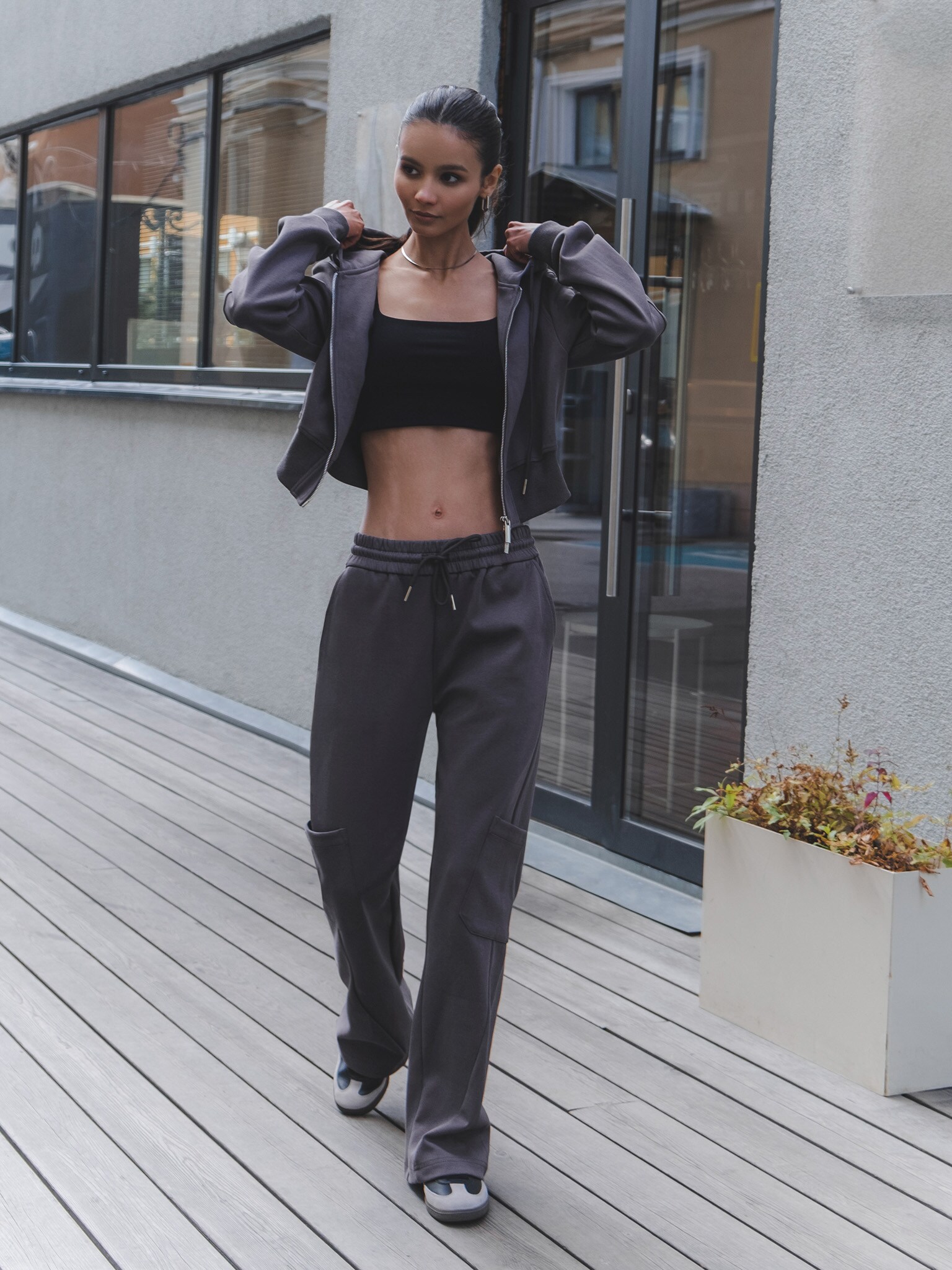 Cropped french terry zip-up hoodie :: LICHI - Online fashion store