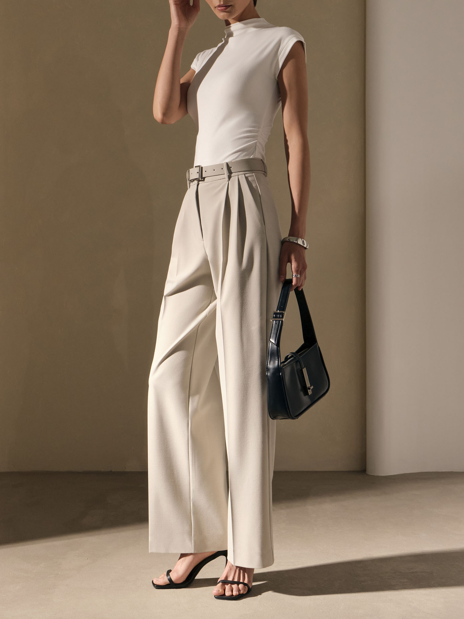 Trousers with a wide eco-leather belt :: LICHI - Online fashion store