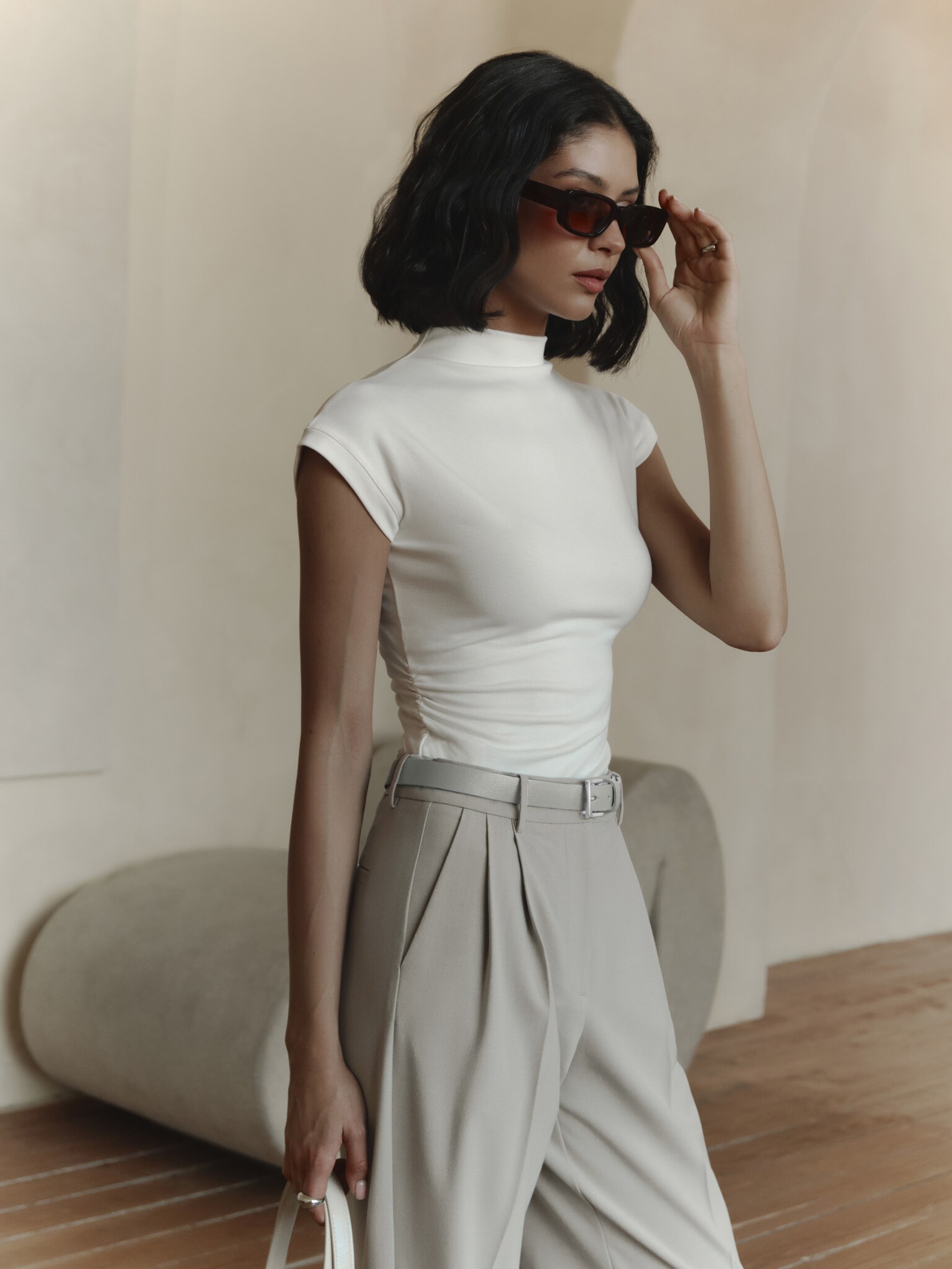 Sleeveless jersey top with stand-up collar :: LICHI - Online fashion store