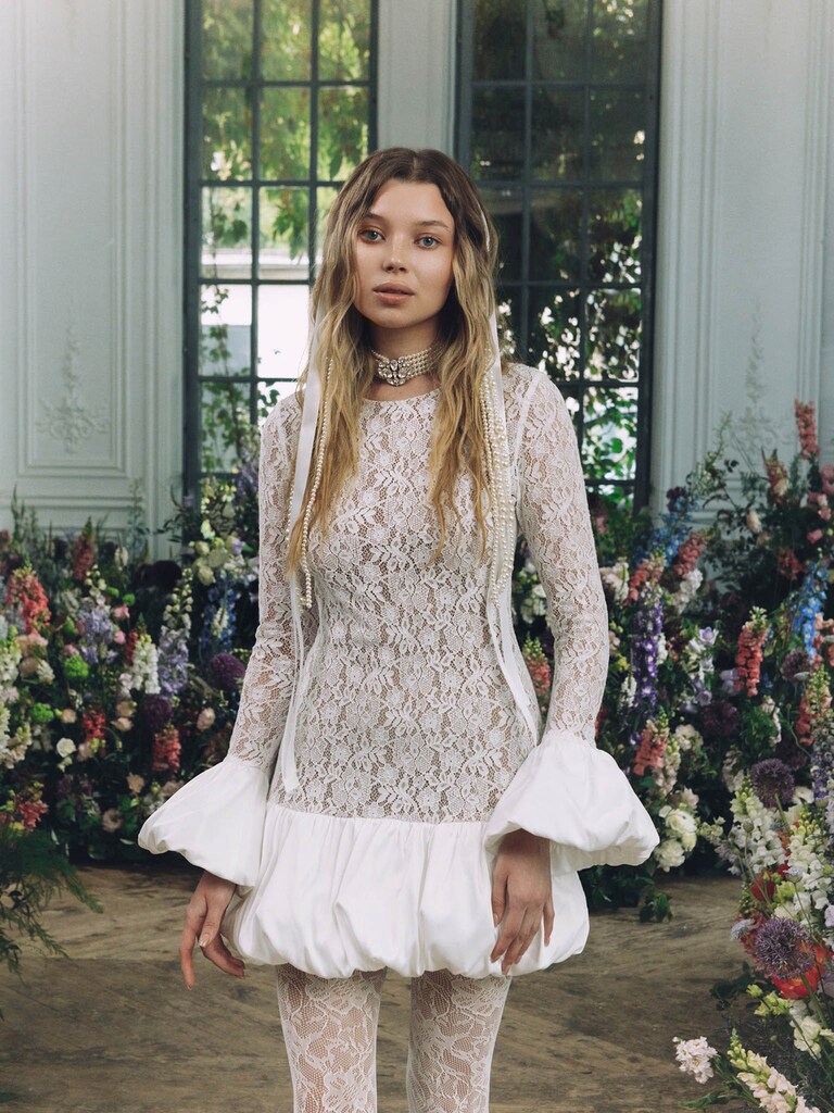 Lace Mini Dress With Voluminous Cuffs And Balloon Skirt Lichi