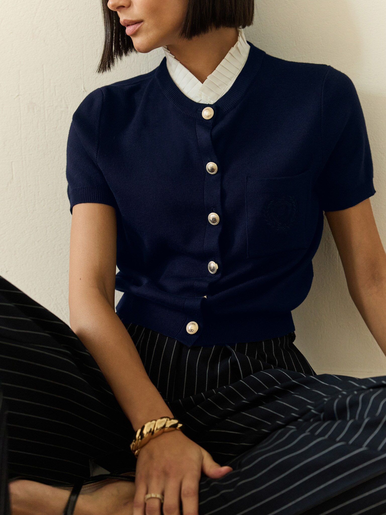 Cardigan with pleated collar and embroidered detailing :: LICHI ...