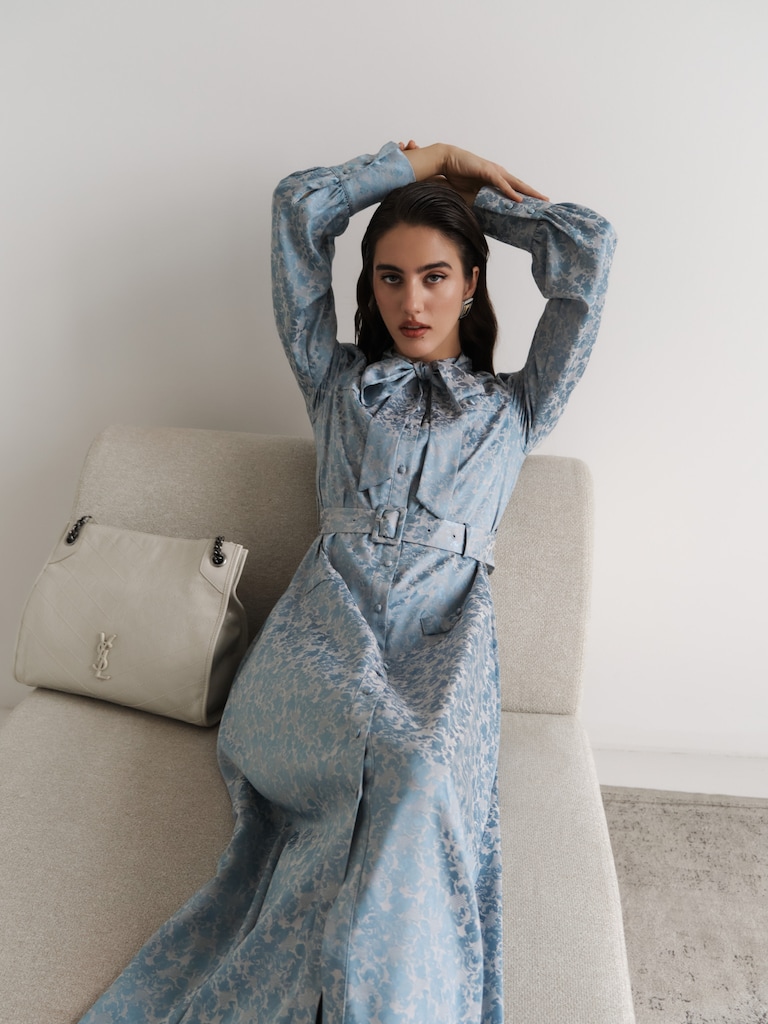 Midi Dress With Collar Bow And Tonal Belt Lichi Online Fashion Store
