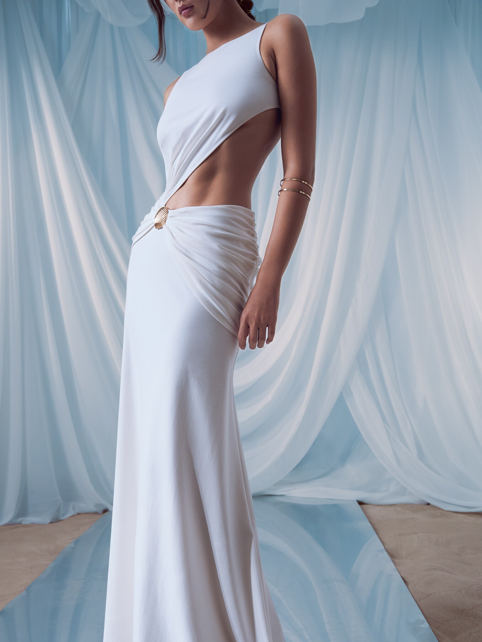 Maxi dress with hip draping and shell decorations :: LICHI - Online ...