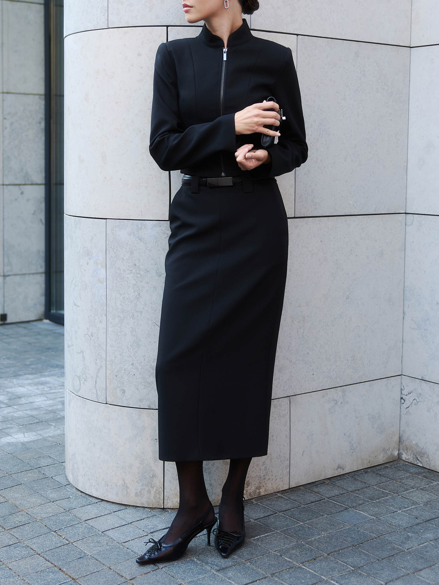 Straight midi skirt with eco-leather belt :: LICHI - Online fashion store