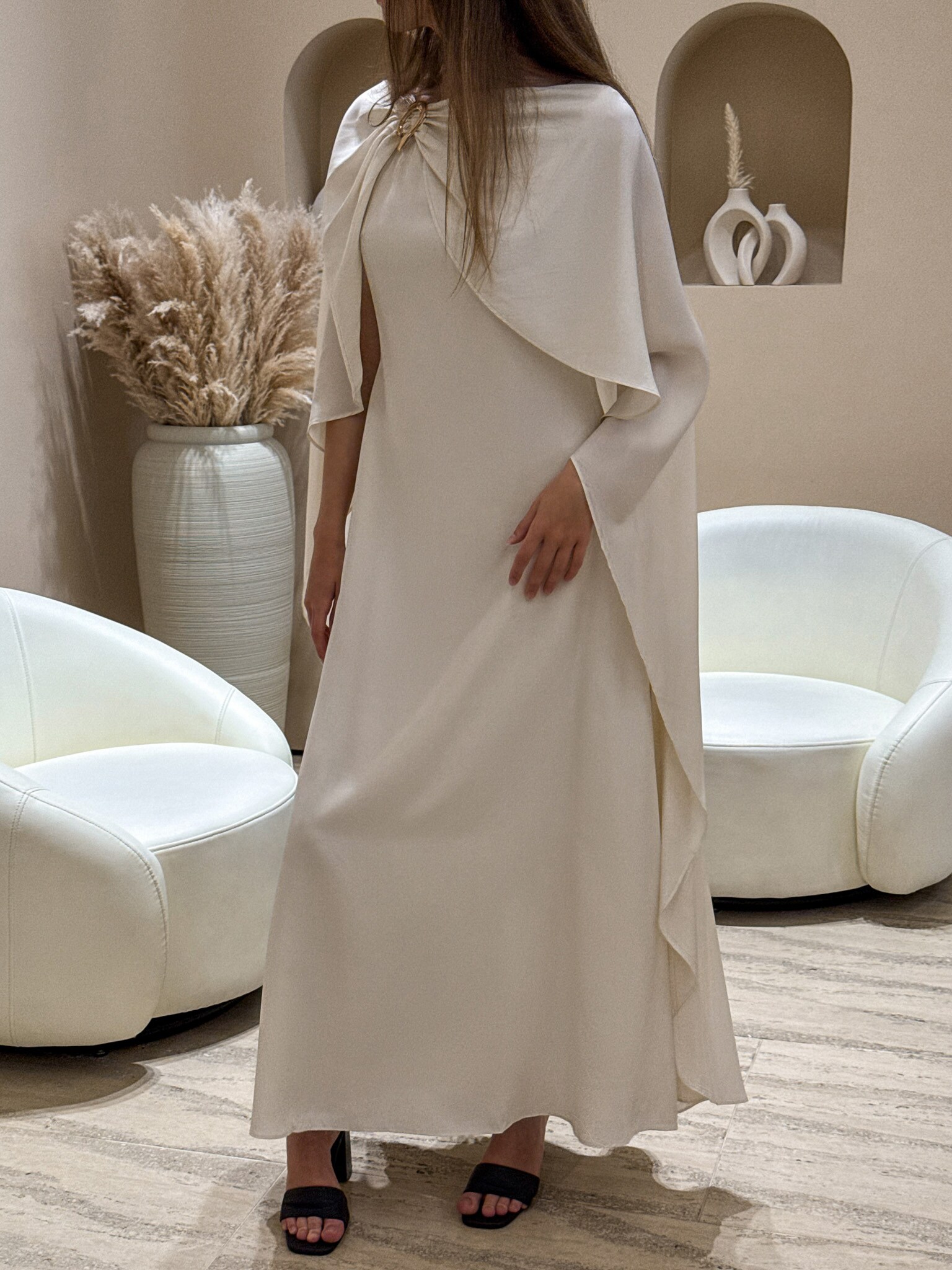 Maxi dress with train and metal decor on the shoulder :: LICHI - Online fashion store