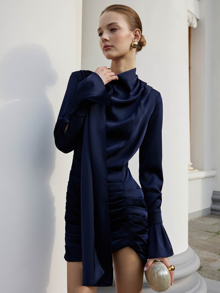 Flowing mini dress with a decorative scarf :: LICHI - Online fashion store