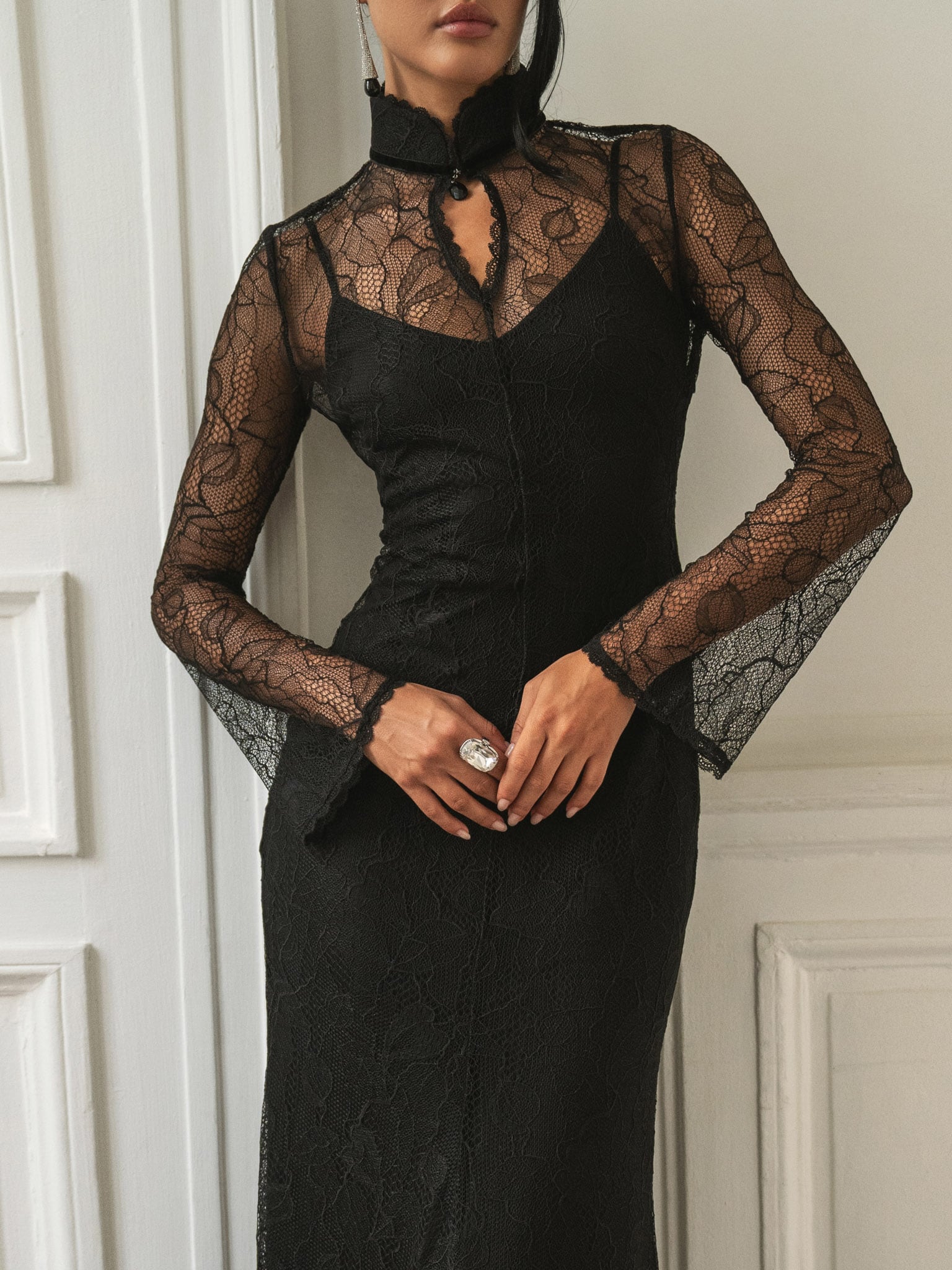 Fitted guipure maxi dress with high collar :: LICHI - Online fashion store