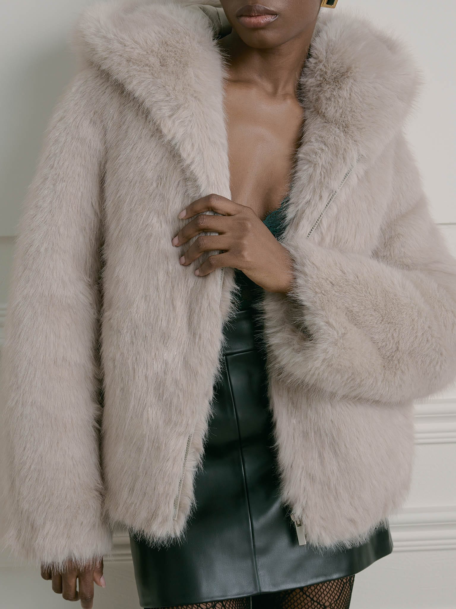 Short eco-fur coat with a zip and a hood :: LICHI - Online fashion store