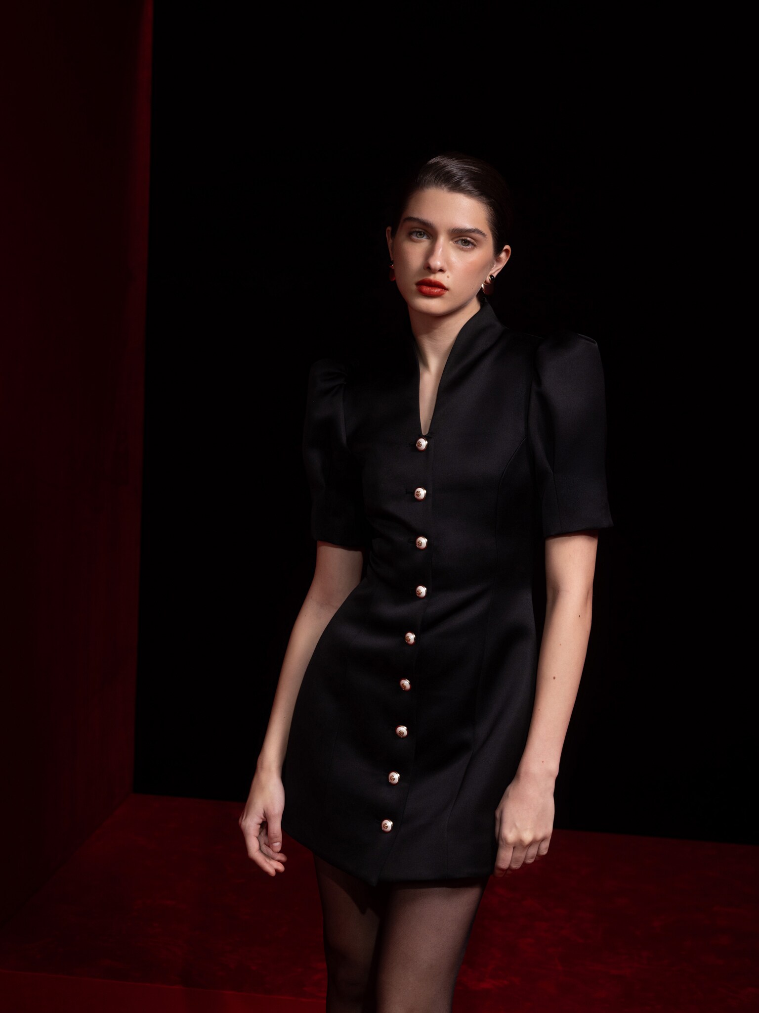 Smooth fabric mini dress with voluminous sleeves :: LICHI - Online ...